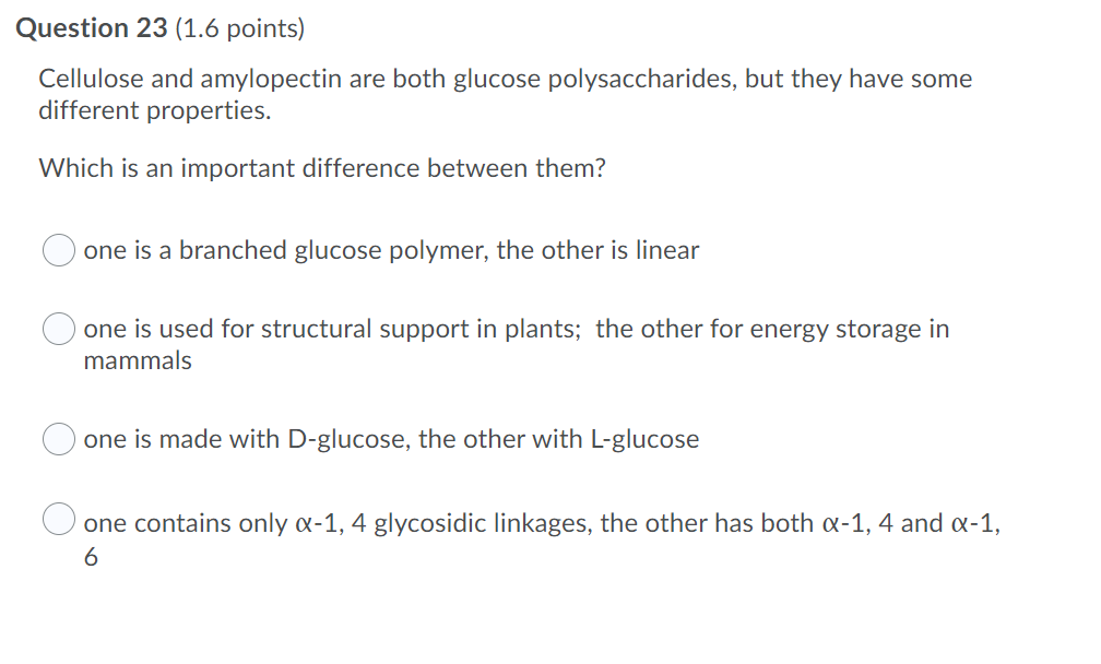 Solved Question 23 (1.6 points) Cellulose and amylopectin | Chegg.com
