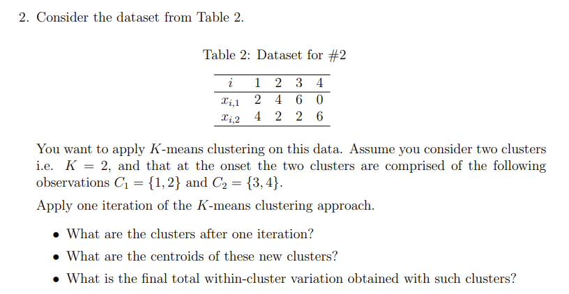 Solved 2. Consider the dataset from Table 2 . Table 2: | Chegg.com