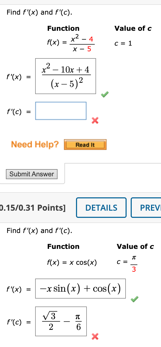 Solved Find f′(x) and f′(c) Function Value of c | Chegg.com