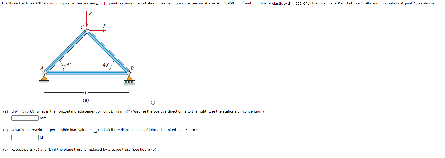 Solved The three-bar truss ABC shown in figure (a) has a | Chegg.com