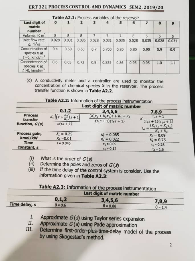ERT 321 PROCESS CONTROL AND DYNAMICS SEM2, 2019/20 | Chegg.com