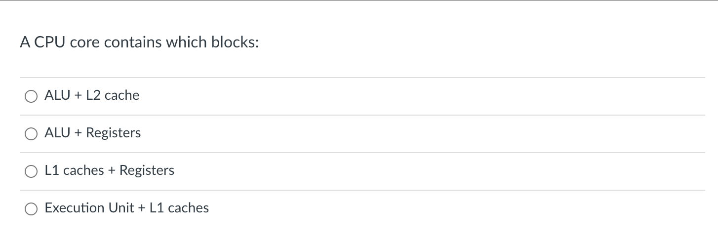 Solved A CPU core contains which blocks: ALU + L2 cache ALU | Chegg.com