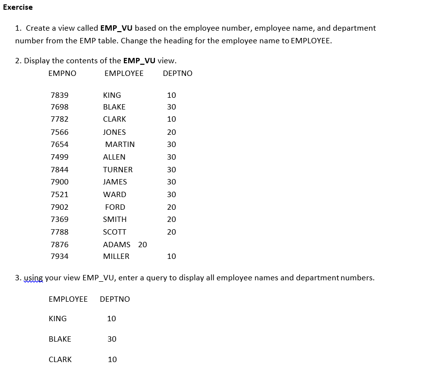 Solved Exercise 1. Create a view called EMP_VU based on the | Chegg.com