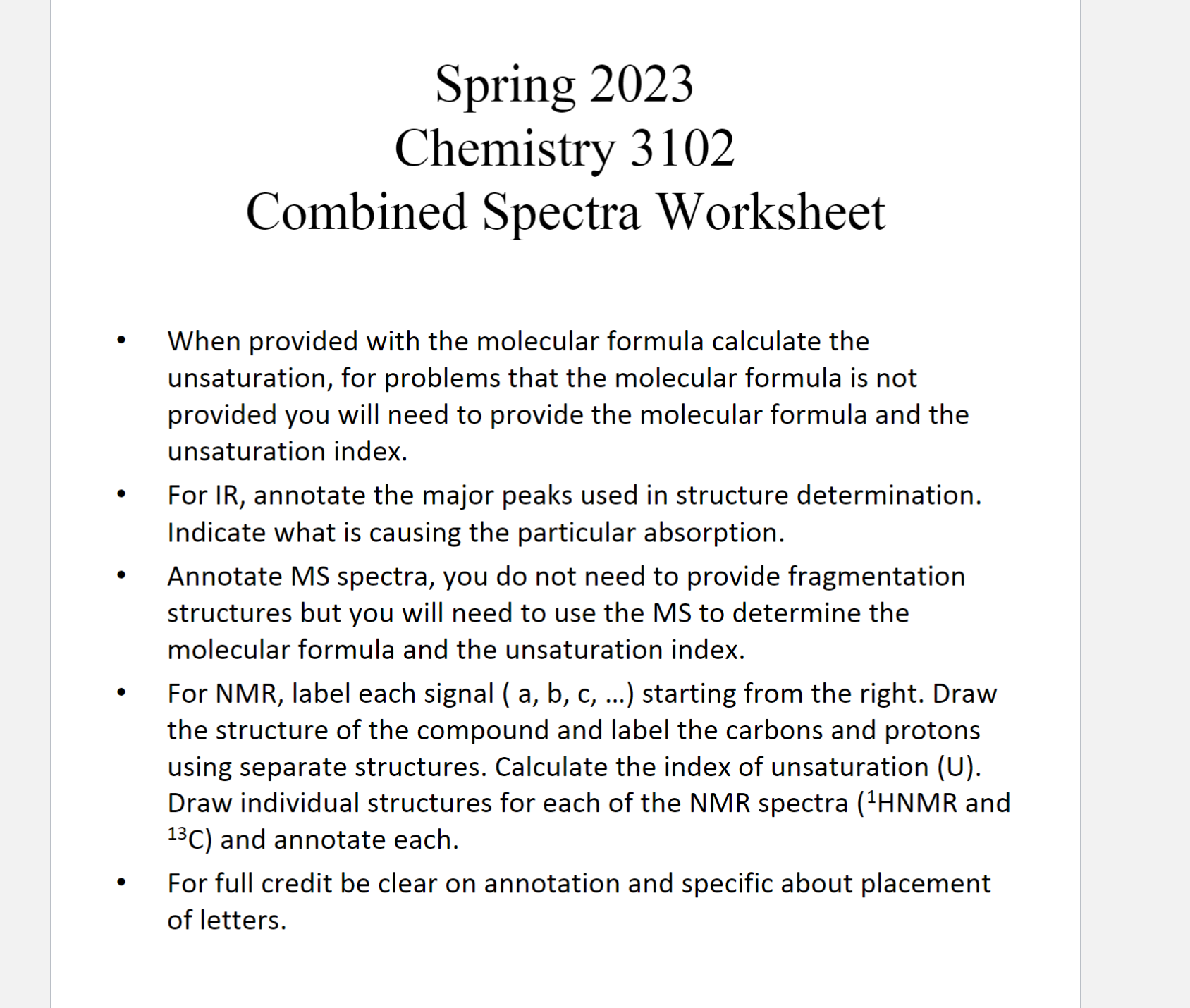 Spring 2023 Chemistry 3102 Combined Spectra Worksheet | Chegg.com