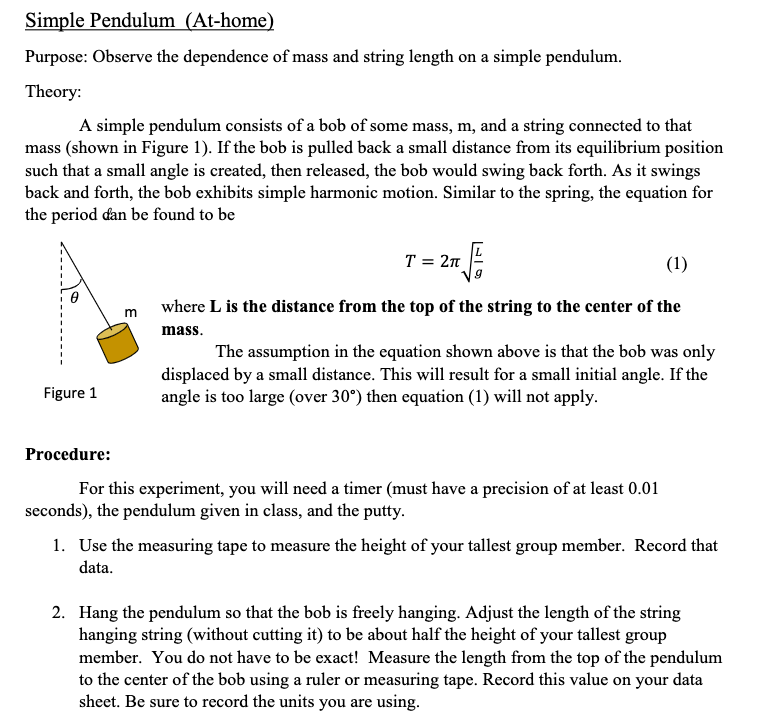 Simple Pendulum (At-home) Purpose: Observe the | Chegg.com