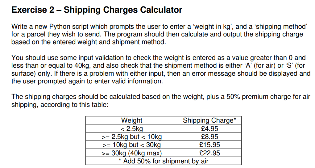 Solved Exercise 2 – Shipping Charges Calculator Write a new | Chegg.com