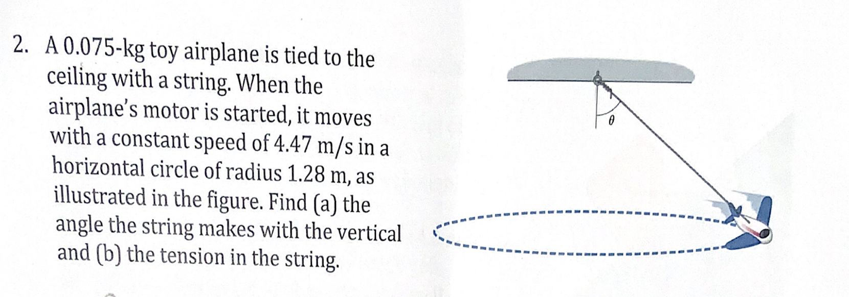 Solved 2. A 0.075- kg toy airplane is tied to the ceiling | Chegg.com