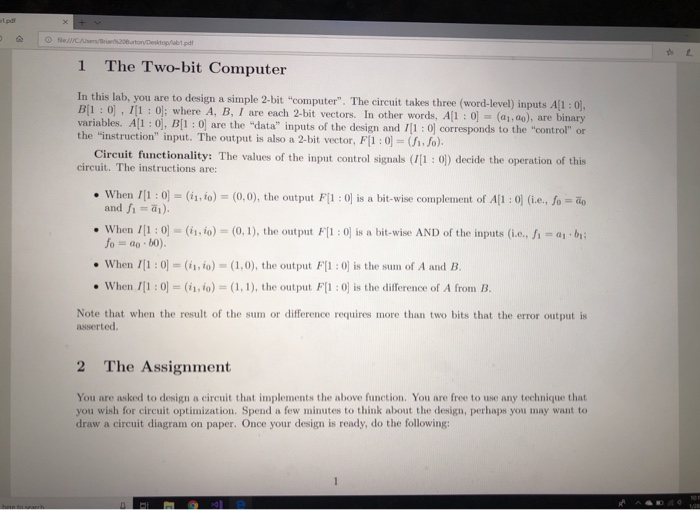 Solved 1 The Two-bit Computer In this lab, you are to design | Chegg.com