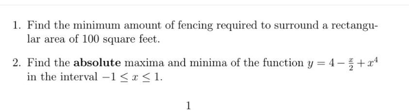Solved 1. Find the minimum amount of fencing required to | Chegg.com