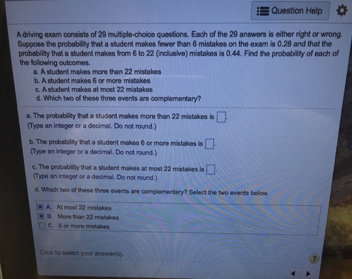 Solved Question Help A driving exam consists of 29 | Chegg.com Solved Question Help A driving exam consists of 29 | Chegg.com