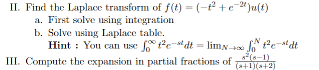 Solved II. Find the Laplace transform of f(t)=(−t2+e−2t)u(t) | Chegg.com