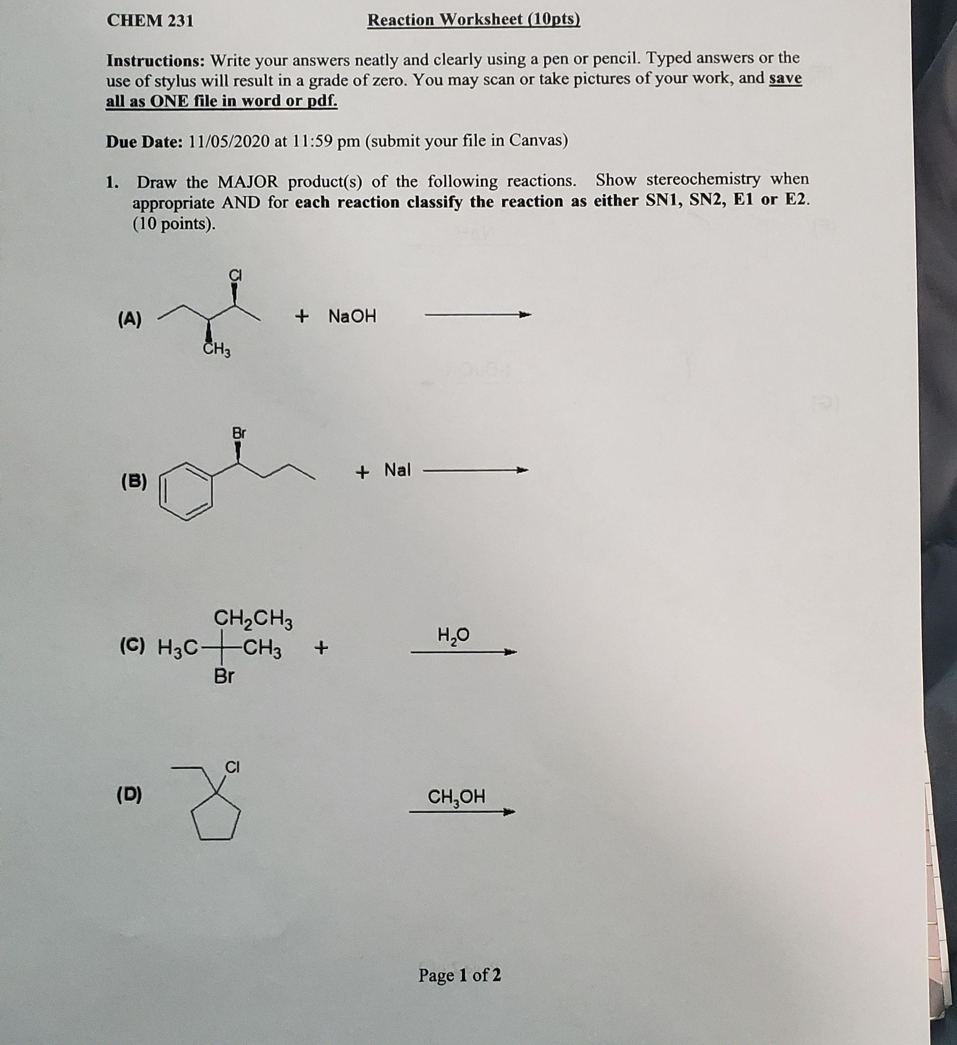 Solved CHEM 231 Reaction Worksheet (10pts) Instructions: | Chegg.com