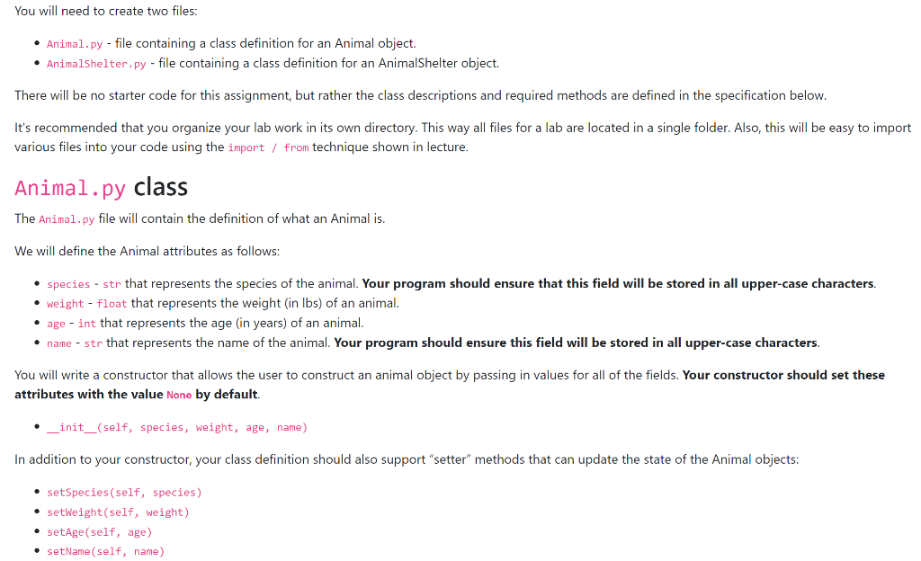 Solved You will need to create two files: - Animal. py - | Chegg.com