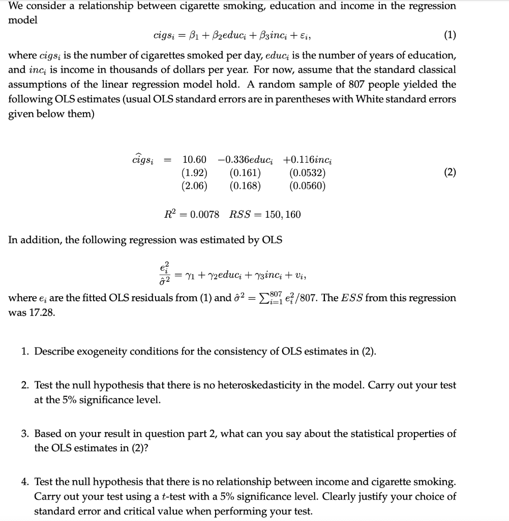 Solved We consider a relationship between cigarette smoking, | Chegg.com