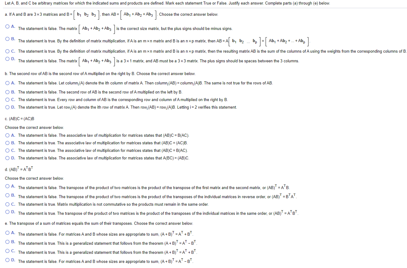 Solved Let A, B, and C be arbitrary matrices for which the | Chegg.com