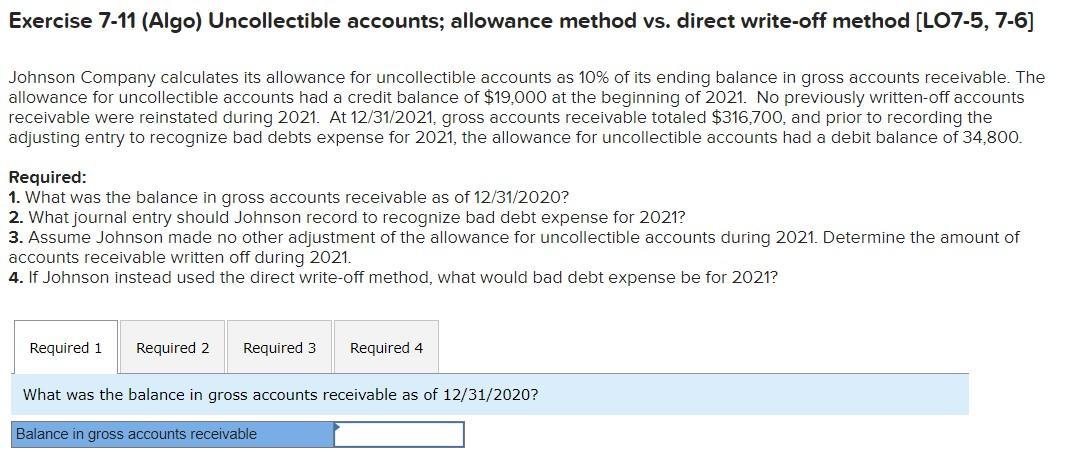 Solved Exercise 7-11 (Algo) Uncollectible accounts; | Chegg.com