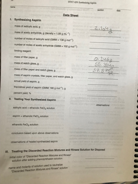 Solved SYN「439: Synthesizing Apirin section date Data Sheet | Chegg.com