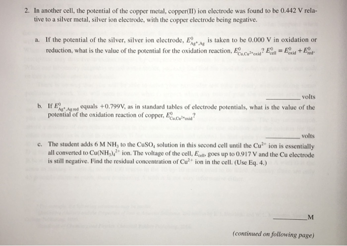 Solved 2. In another cell, the potential of the copper | Chegg.com