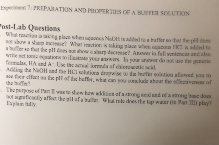 Solved Experiment 7: PREPARATION AND PROPERTIES OF A BUFFER | Chegg.com