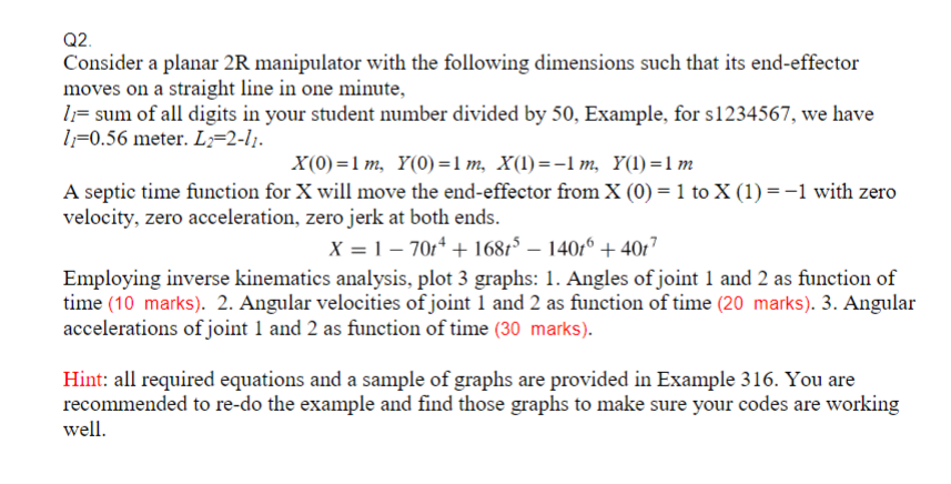 Solved Q2. Consider a planar 2R manipulator with the | Chegg.com