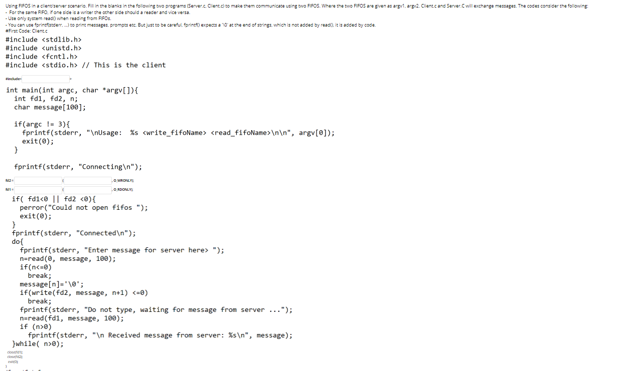 Using FIFOS in a client/server scenario. Fill in the | Chegg.com