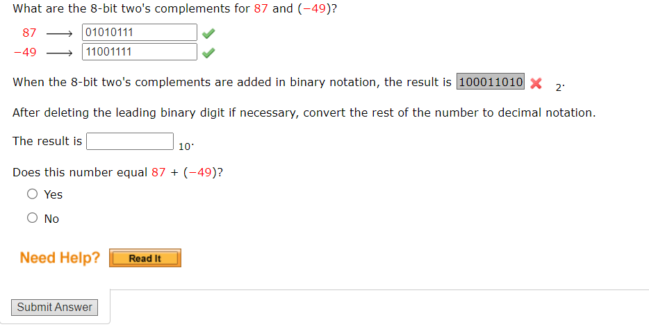 Solved What are the 8-bit two's complements for 87 and (−49) | Chegg.com
