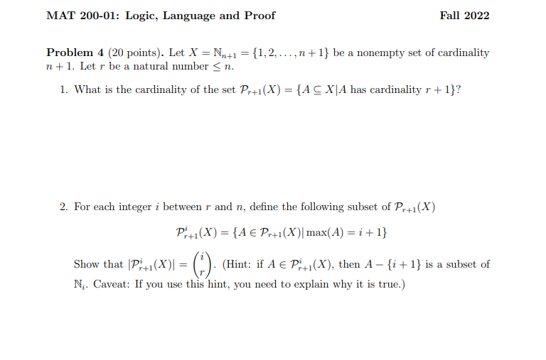 MAT 200-01: Logic, Language and Proof Fall 2022 | Chegg.com