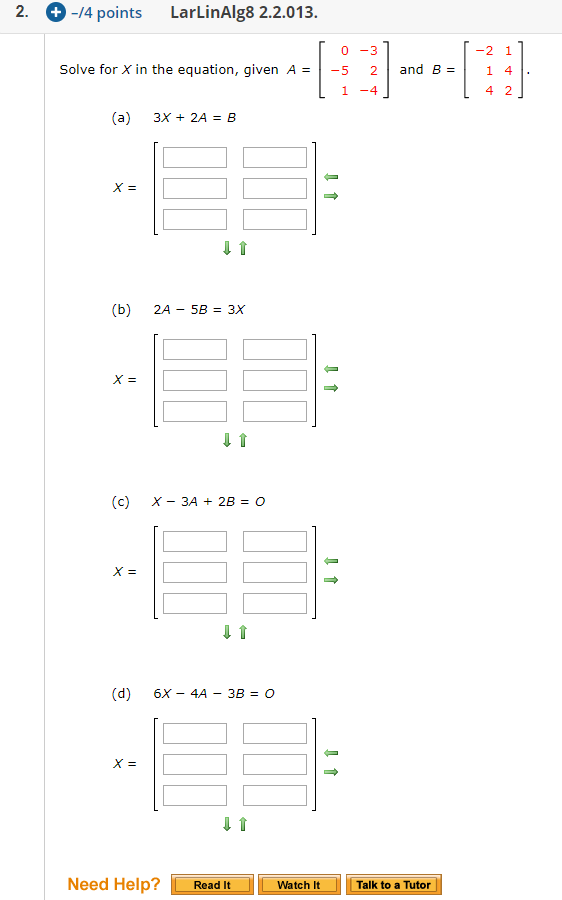 Solved 2. + -14 points LarLinAlg8 2.2.013. [ [-2 1 Solve for | Chegg.com