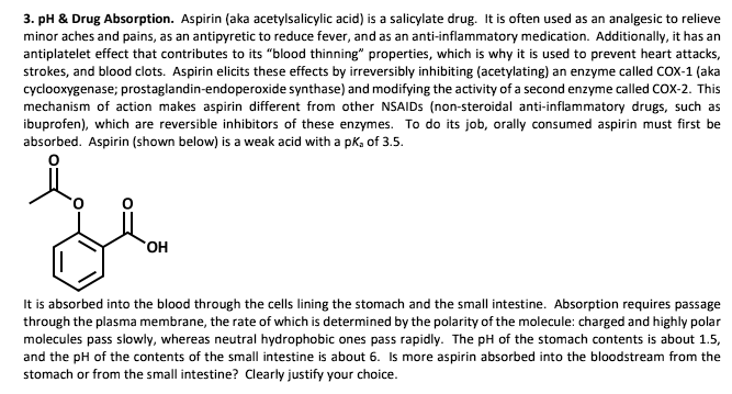 Solved 3. pH \& Drug Absorption. Aspirin (aka | Chegg.com
