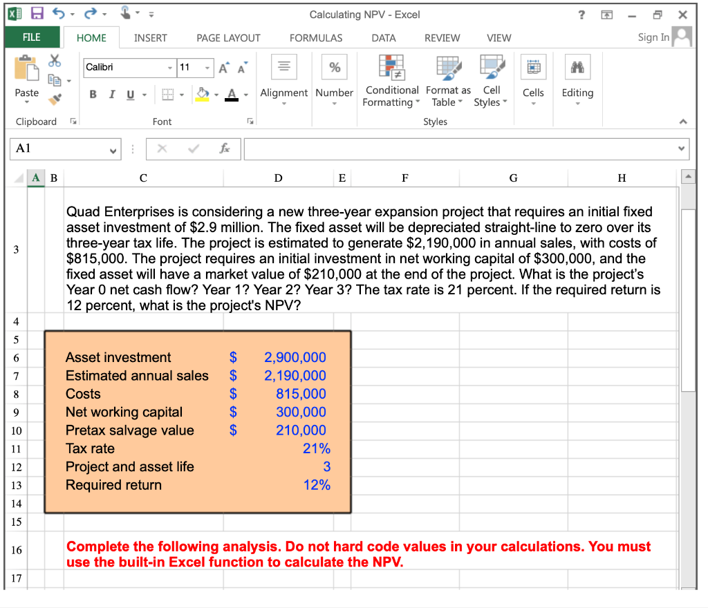 Solved Calculating NPV - Excel ? 5 x FILE HOME INSERT PAGE | Chegg.com