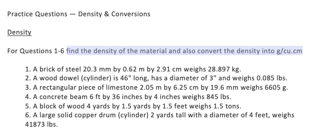 Solved Practice Questions - Density & Conversions Density | Chegg.com