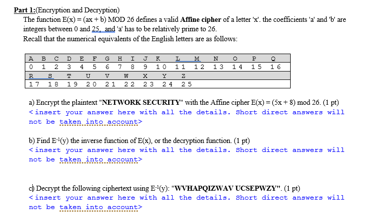 Solved Part 1:(Encryption and Decryption) The function E(x) | Chegg.com
