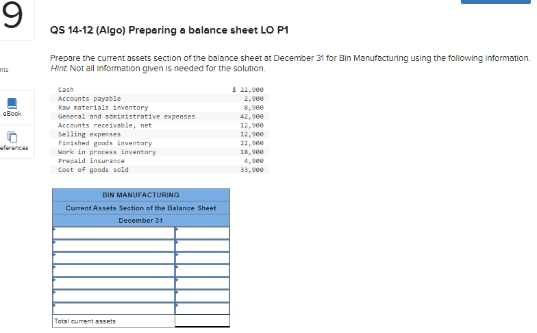 Solved QS 14-12 (Algo) ﻿Preparing a balance sheet LO | Chegg.com