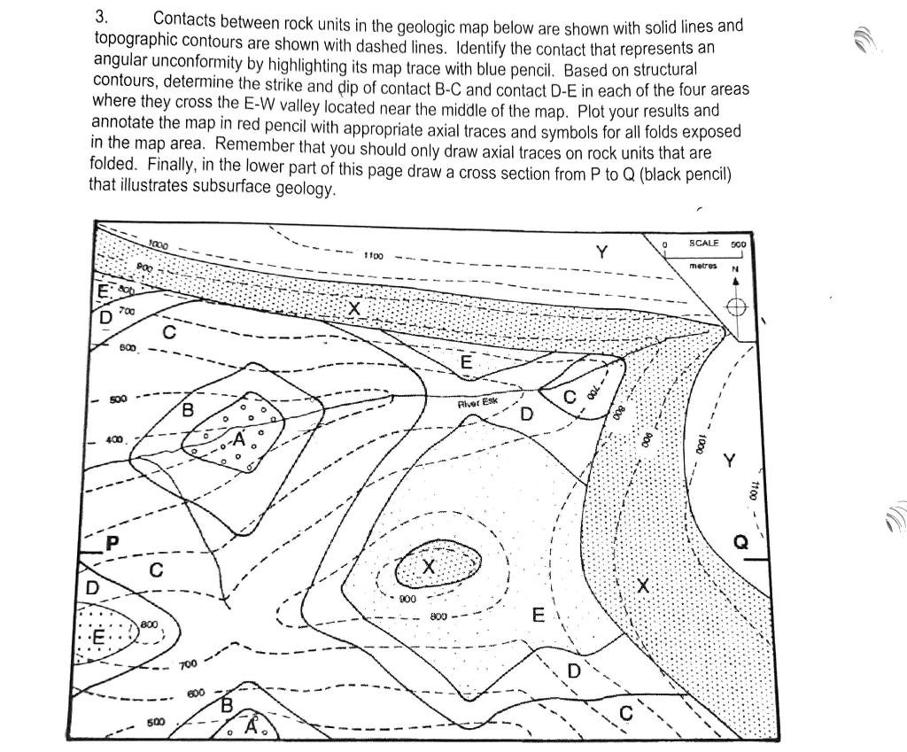 Solved Contacts between rock units in the geologic map below | Chegg.com