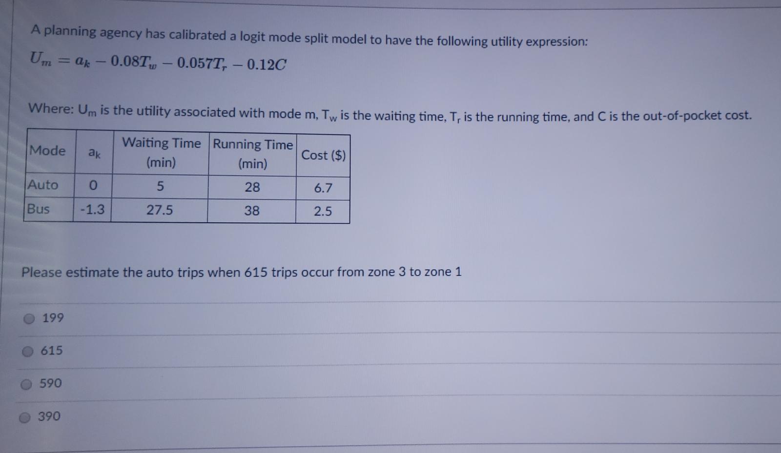 Solved A planning agency has calibrated a logit mode split | Chegg.com