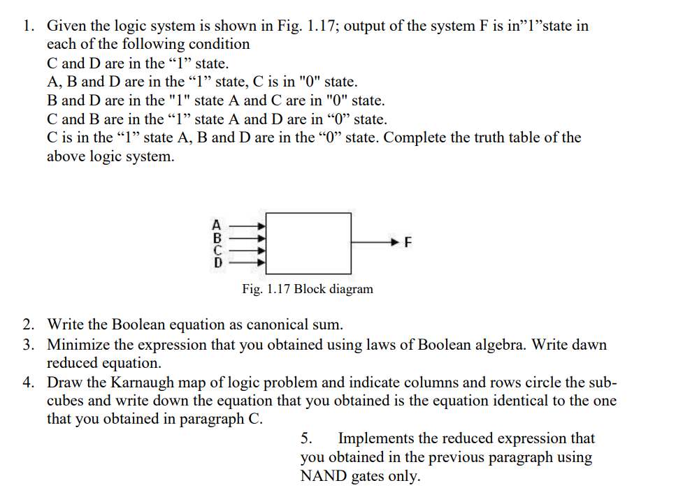 Solved 1. Given the logic system is shown in Fig. 1.17; | Chegg.com