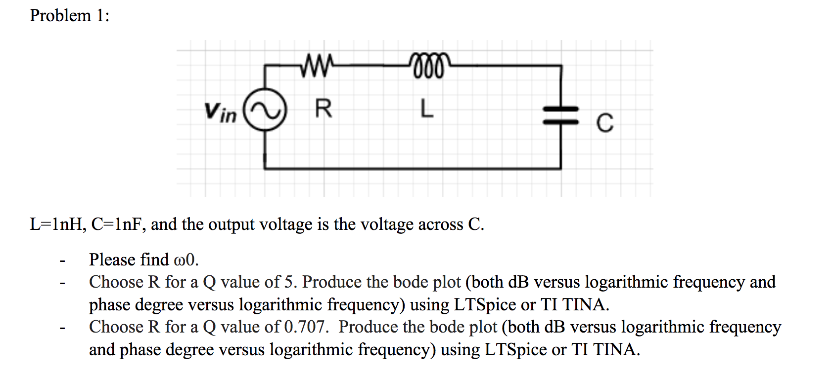 Problem 1 L R Vin L 1nH, C 1nF, and the output | Chegg.com