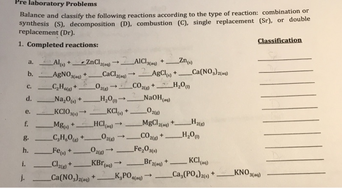 Solved Pre laboratory Problems Balance and classify the | Chegg.com