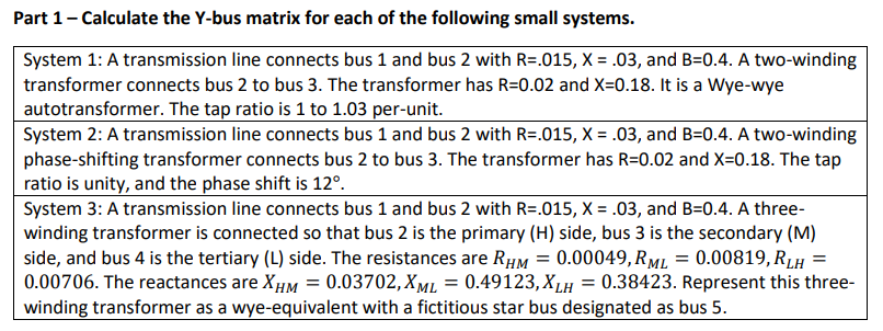 Solved Part 1 - Calculate the Y-bus matrix for each of the | Chegg.com