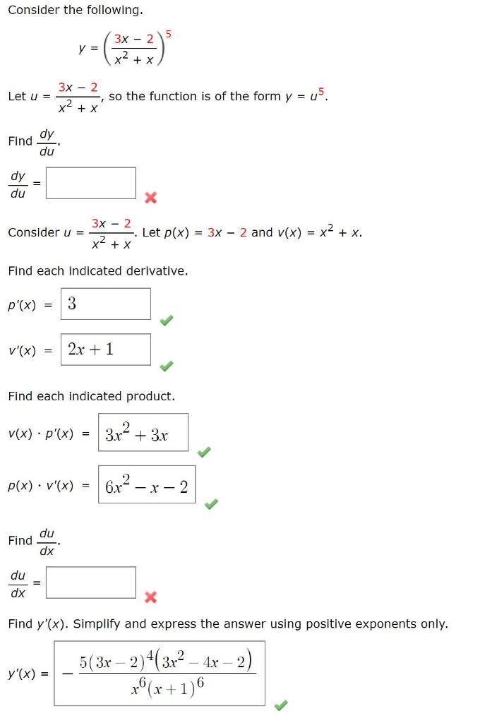 Solved Consider the following. 5 y = 3x - 2 x2 + x Let u = | Chegg.com