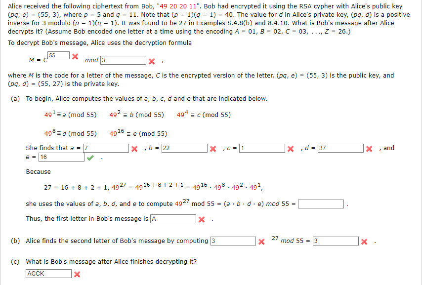 Solved Alice received the following ciphertext from Bob, "49 | Chegg.com