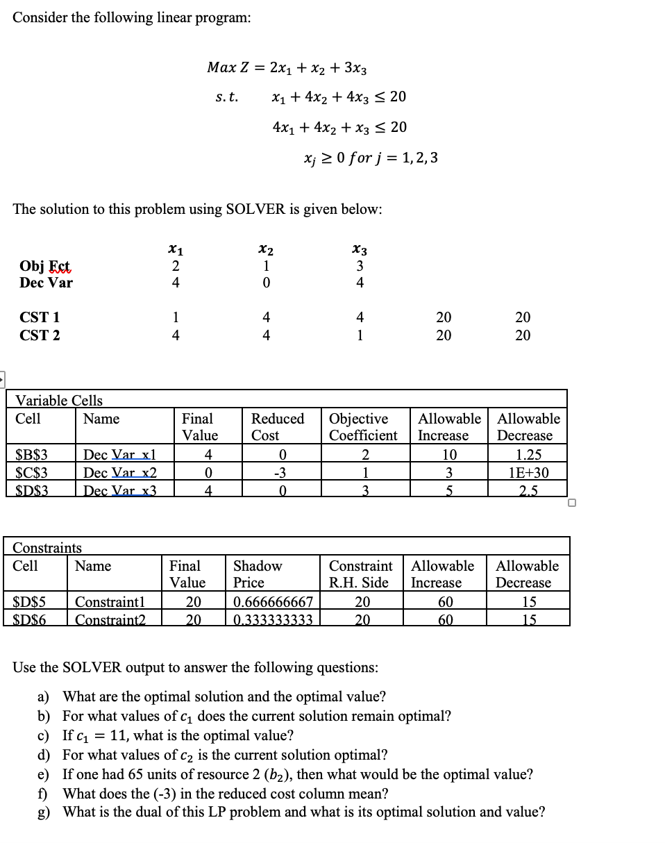 Solved Consider the following linear program: Max Z = 2x1 + | Chegg.com
