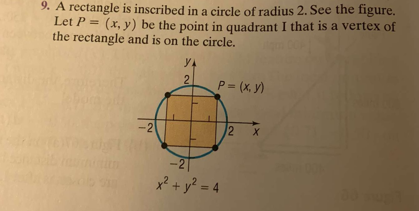 Solved 9. A rectangle is inscribed in a circle of radius 2. | Chegg.com