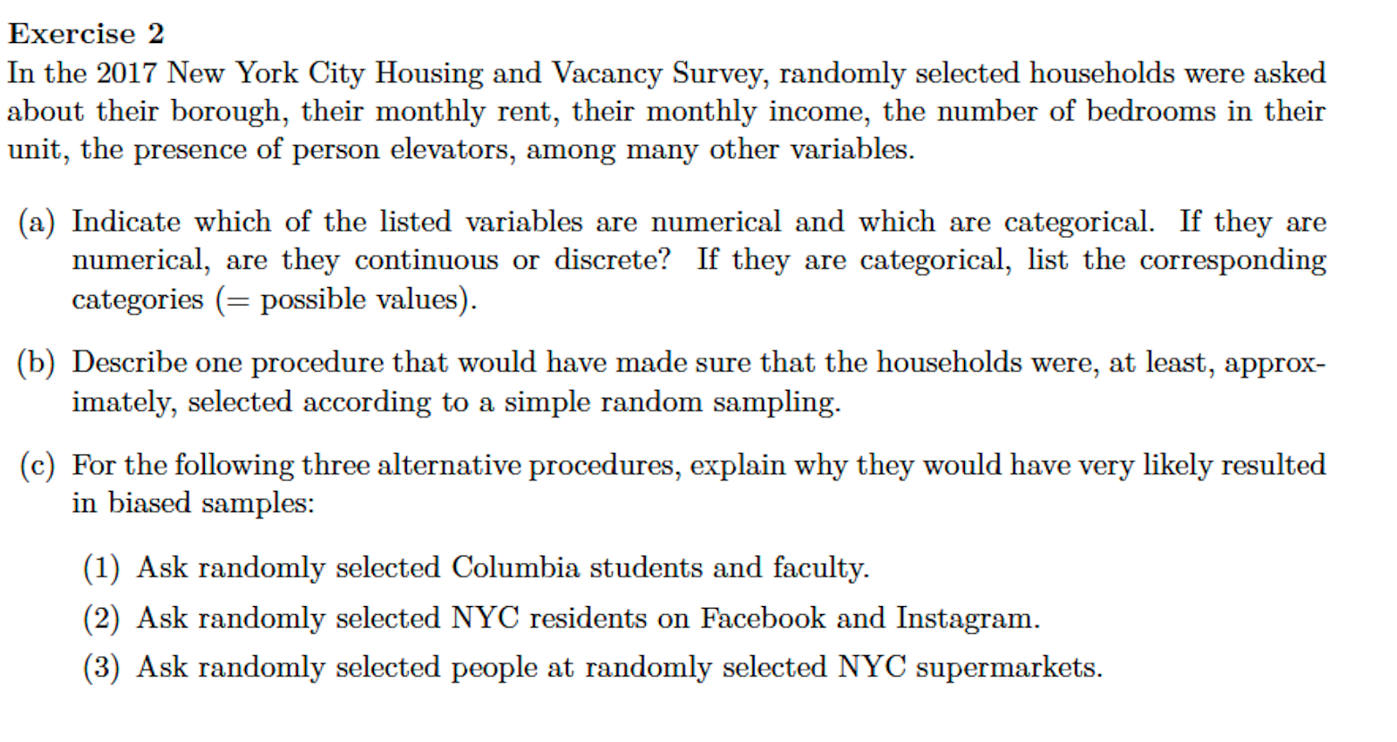 Exercise 2 In the 2017 New York City Housing and | Chegg.com