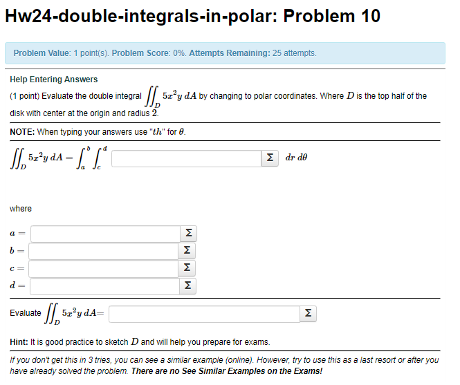 Solved Hw24-double-integrals-in-polar: Problem 10 Problem | Chegg.com