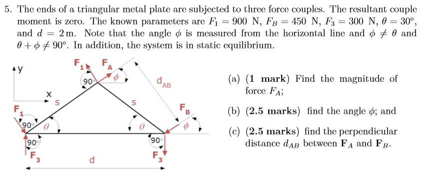 Solved 5. The ends of a triangular metal plate are subjected | Chegg.com