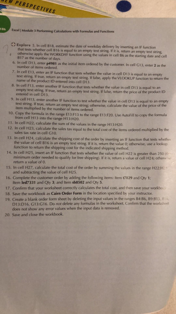 EW PERSPECTIVES 186 Excel | Module 3 Performing | Chegg.com