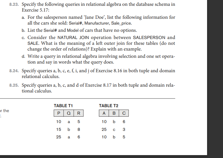 Solved 8.23. Specify the following queries in relational | Chegg.com