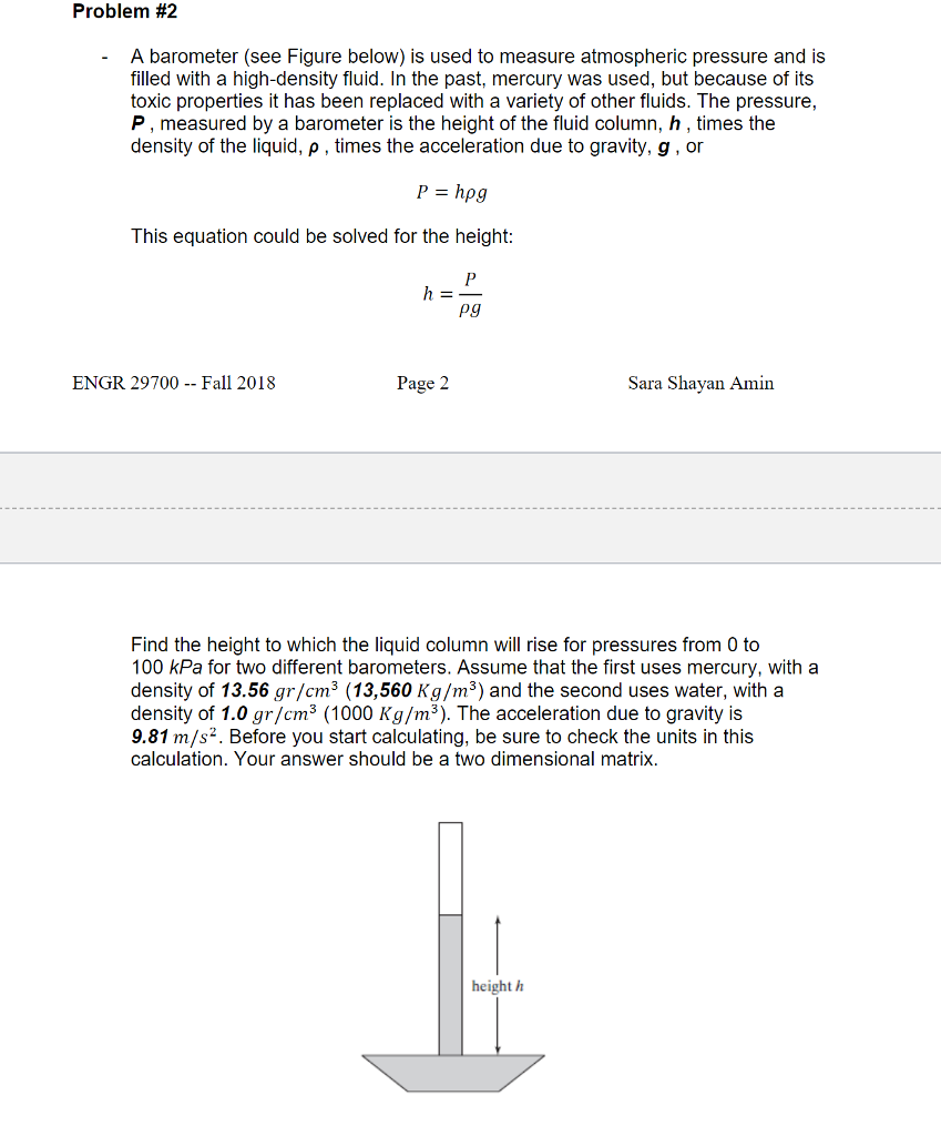 Solved Problem #2 -A barometer (see Figure below) is used to | Chegg.com