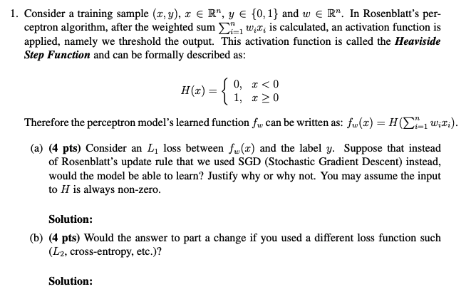 1. Consider a training sample (x,y), - ER", y € 0,1} | Chegg.com